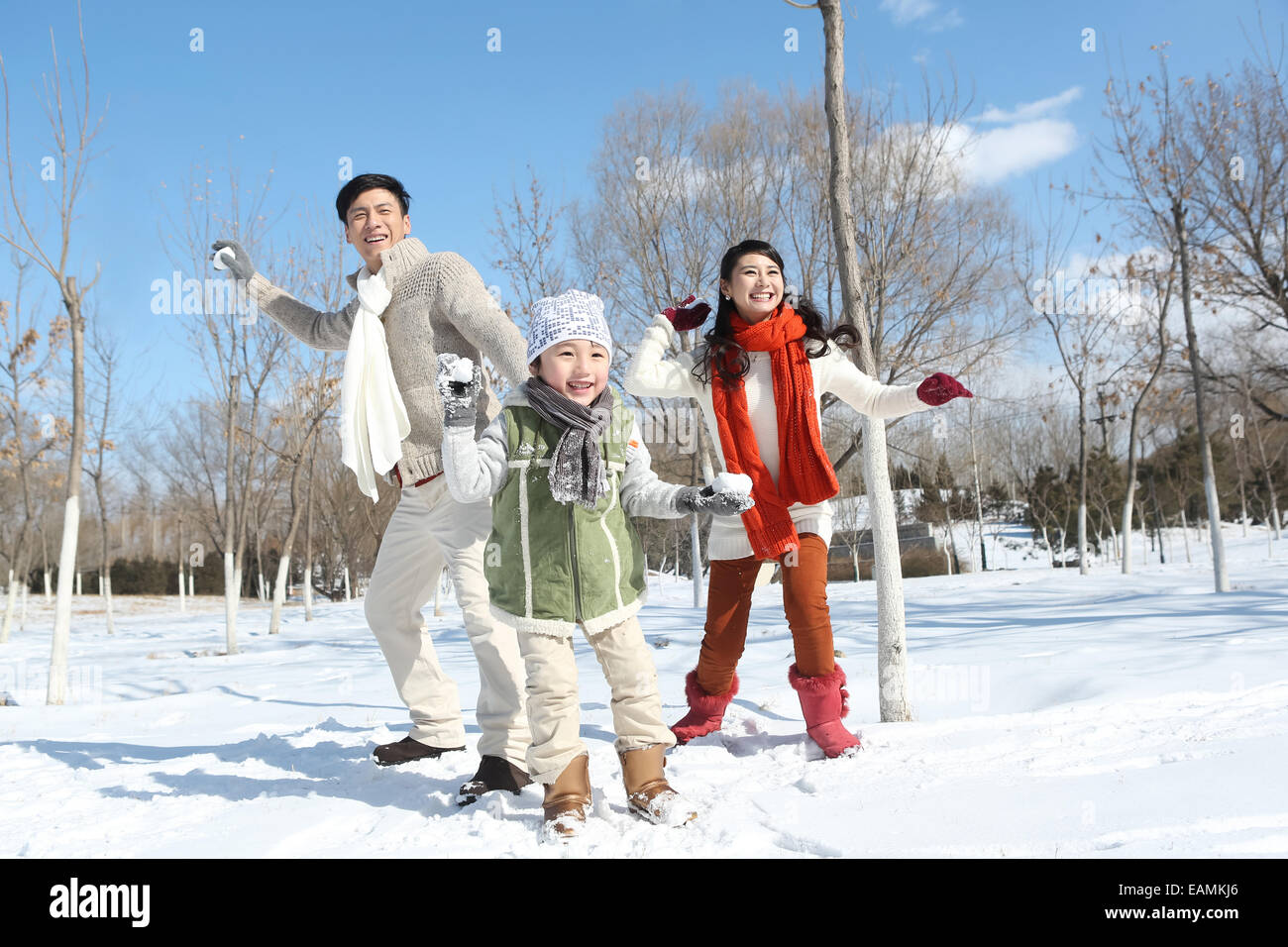 A family of three in the snow snowball fights Stock Photo - Alamy