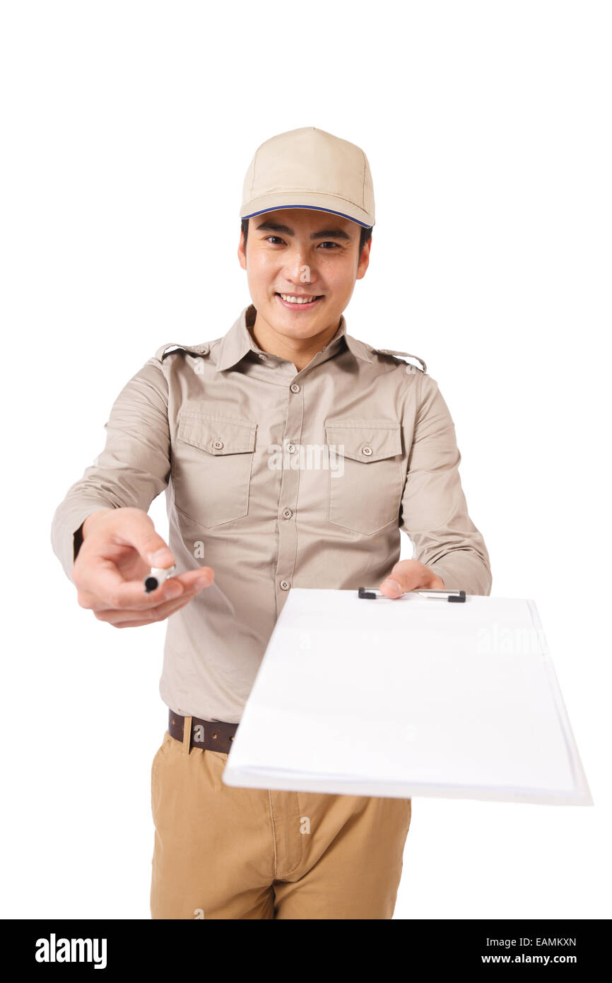 Middle-aged logistics personnel waiting for signature Stock Photo - Alamy