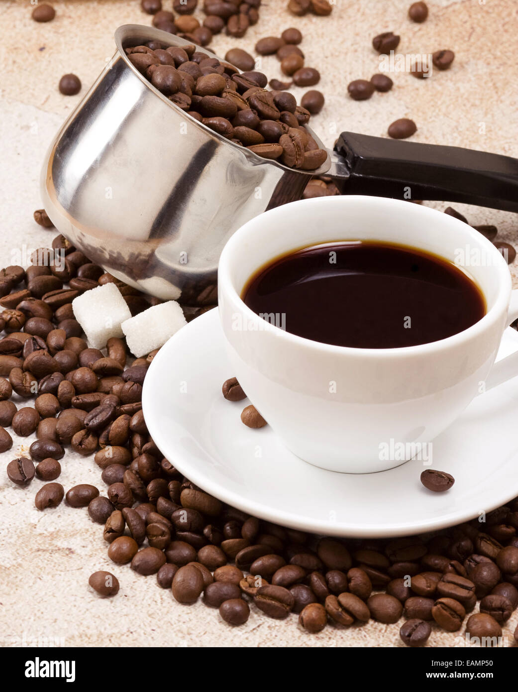 coffee pot, cup and sugar on texture Stock Photo - Alamy