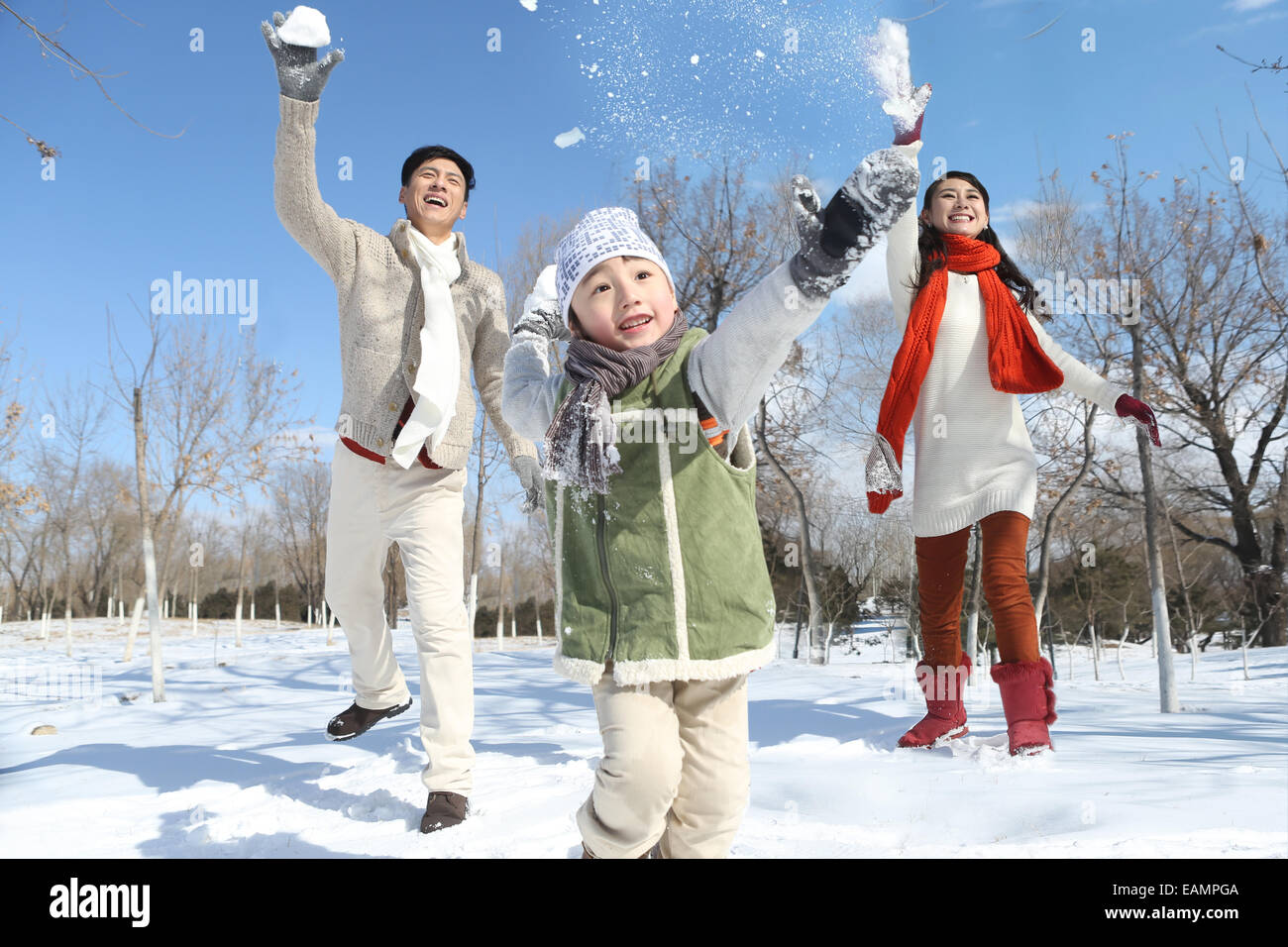 A family of three in the snow snowball fights Stock Photo - Alamy
