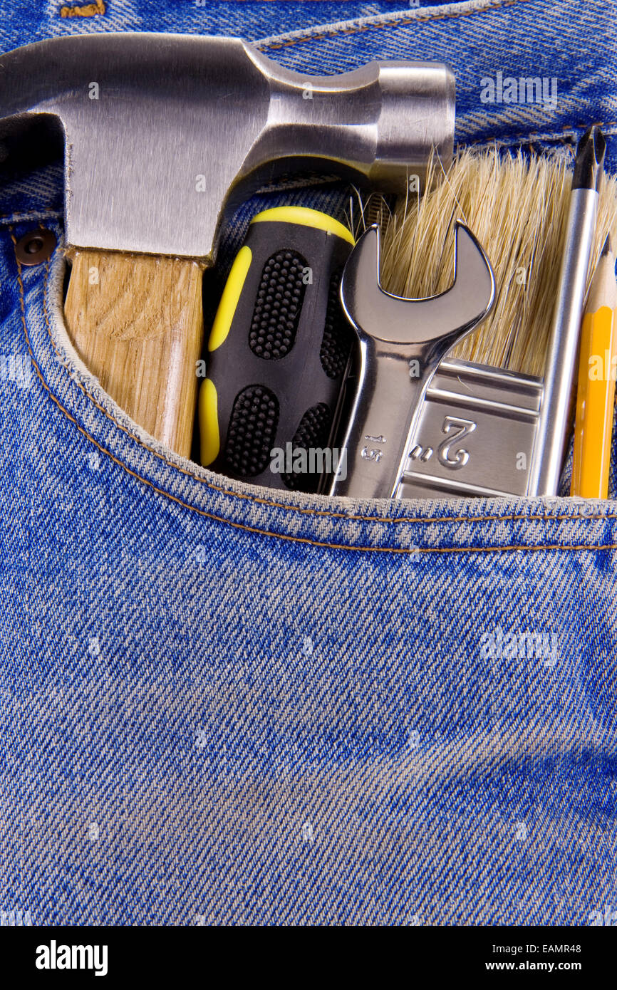 set of tools and instruments in old jeans pocket Stock Photo - Alamy