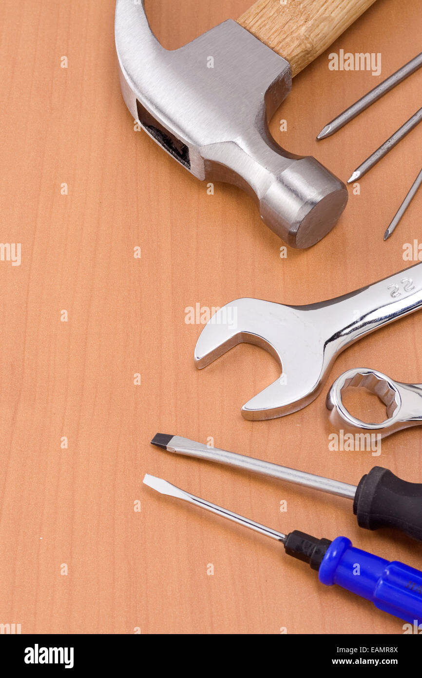 tools and instruments on wood texture Stock Photo - Alamy