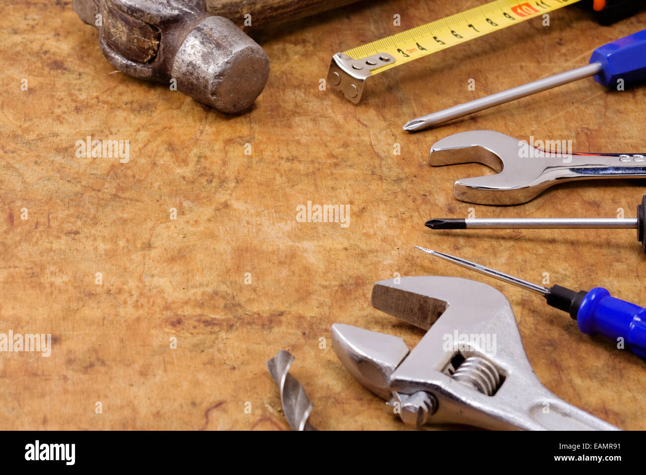 tools and instruments on wood texture Stock Photo - Alamy