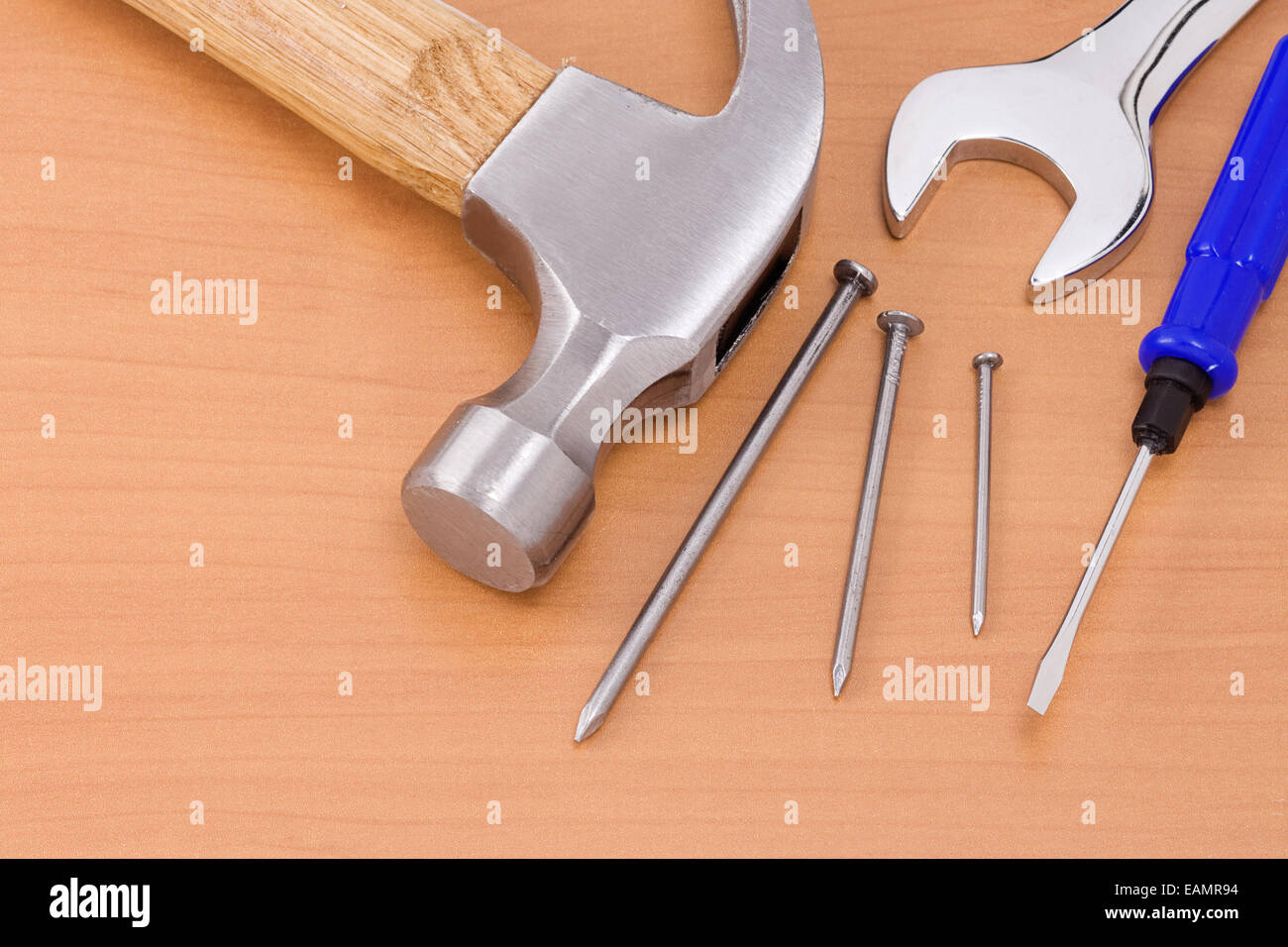 tools and instruments on wood texture Stock Photo - Alamy