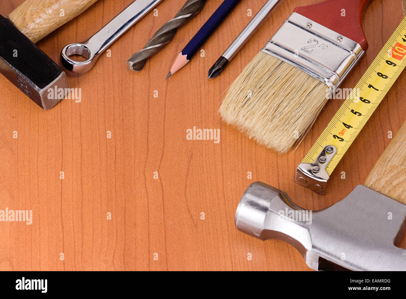 tools and instruments on wood texture Stock Photo - Alamy