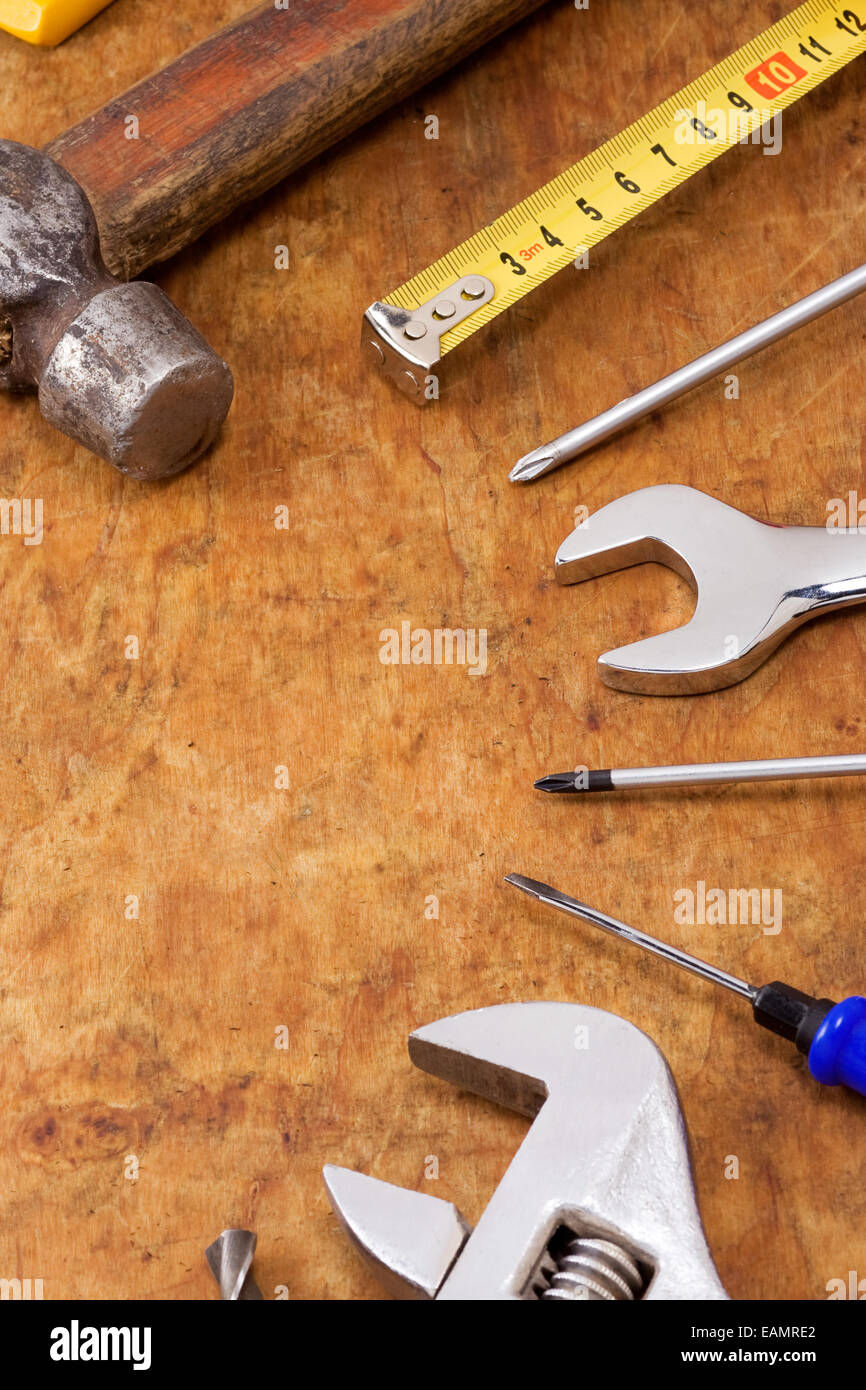 set of tools on wood texture Stock Photo - Alamy