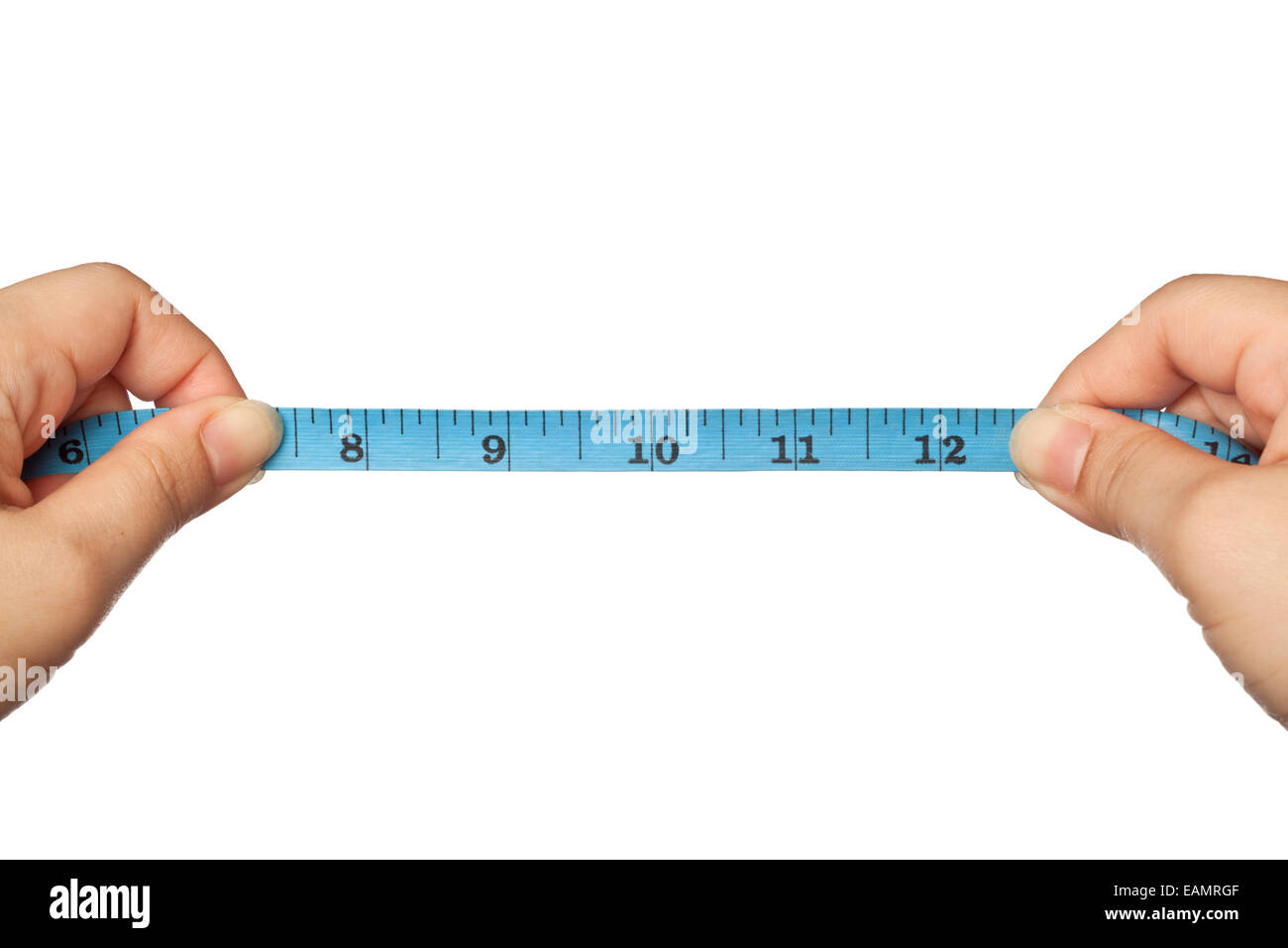 Hands holding two ends of a measuring tape isolated on white background ...