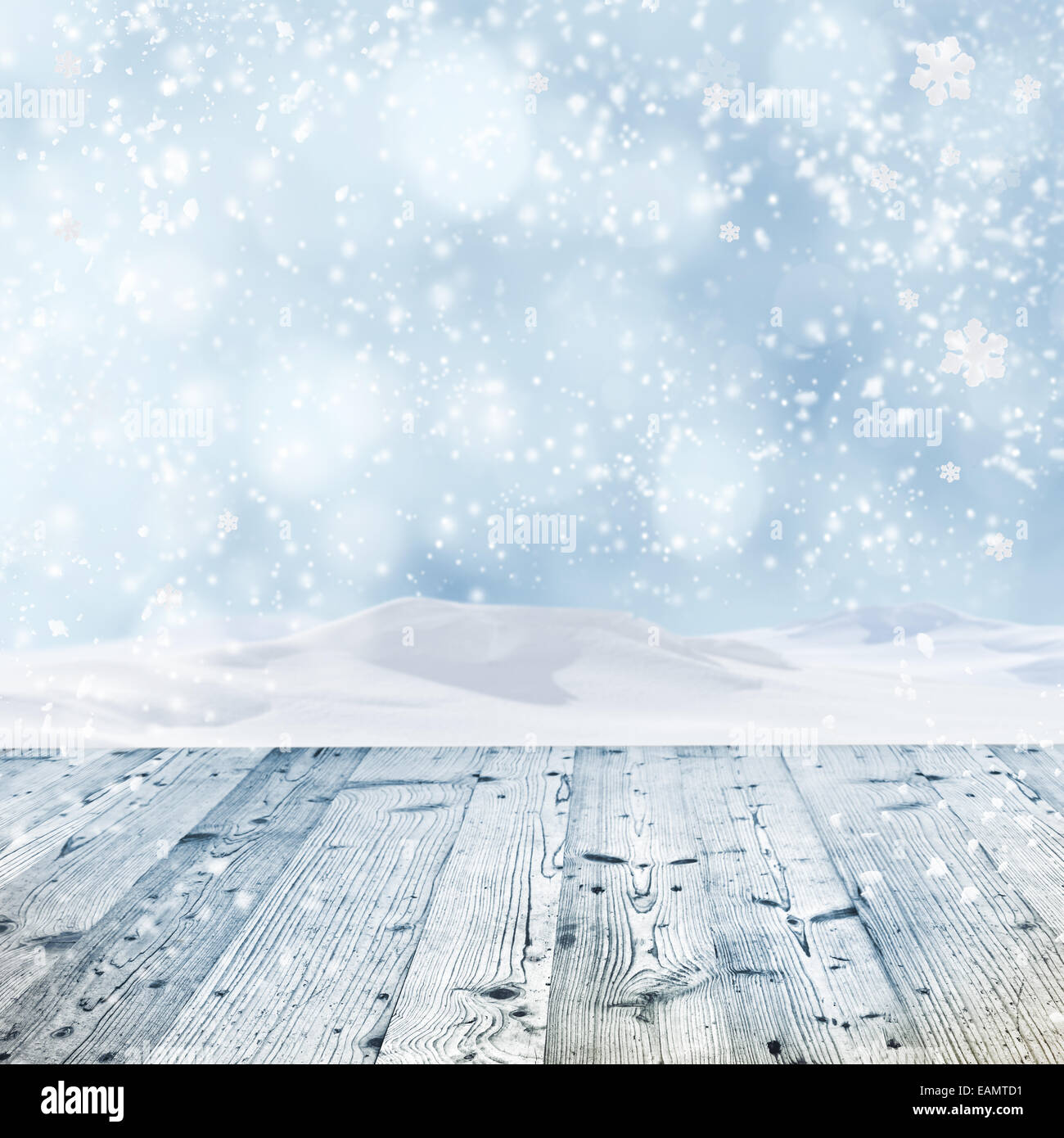 Winter background with wooden table Stock Photo - Alamy