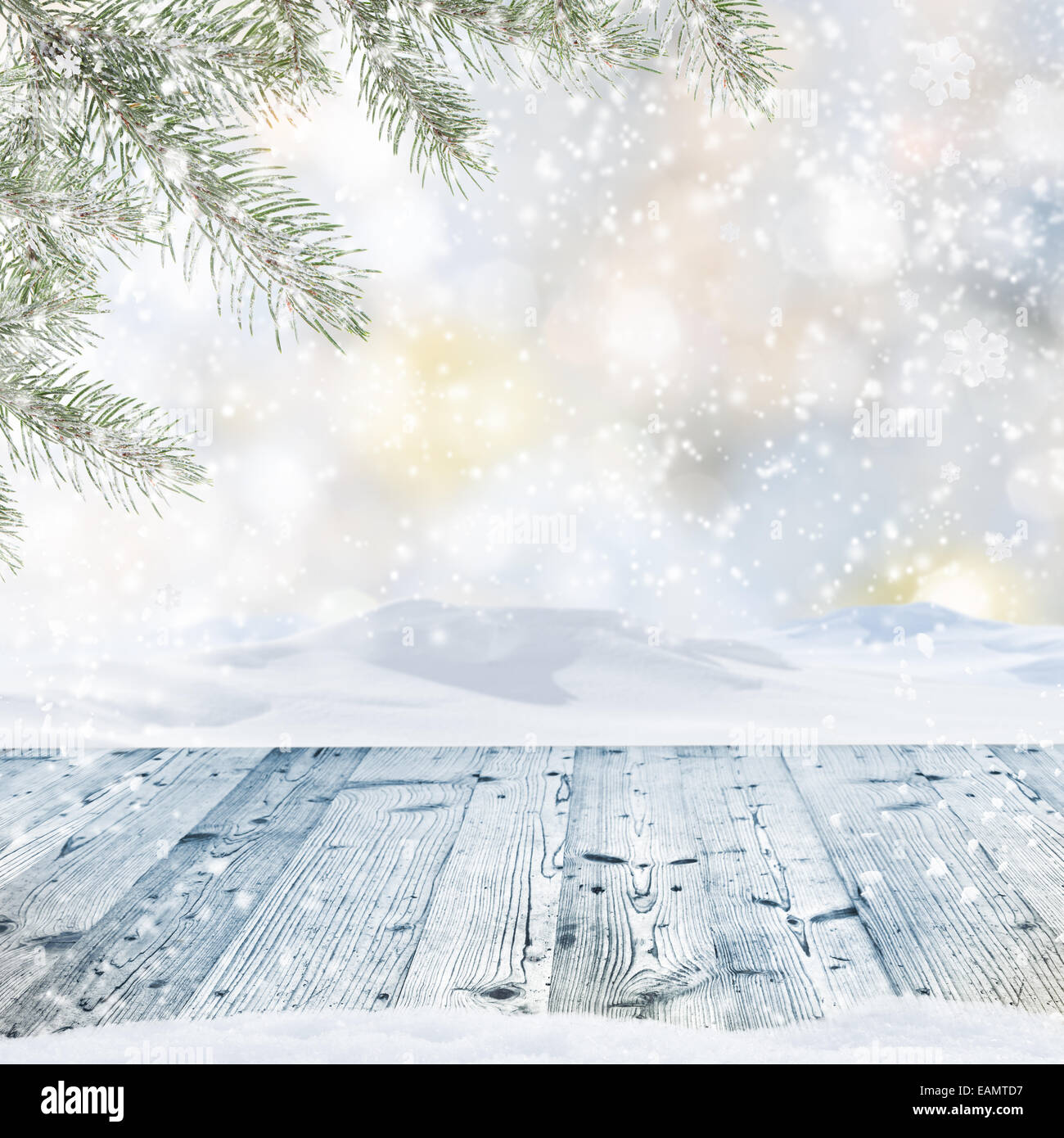 Winter background with wooden table Stock Photo - Alamy