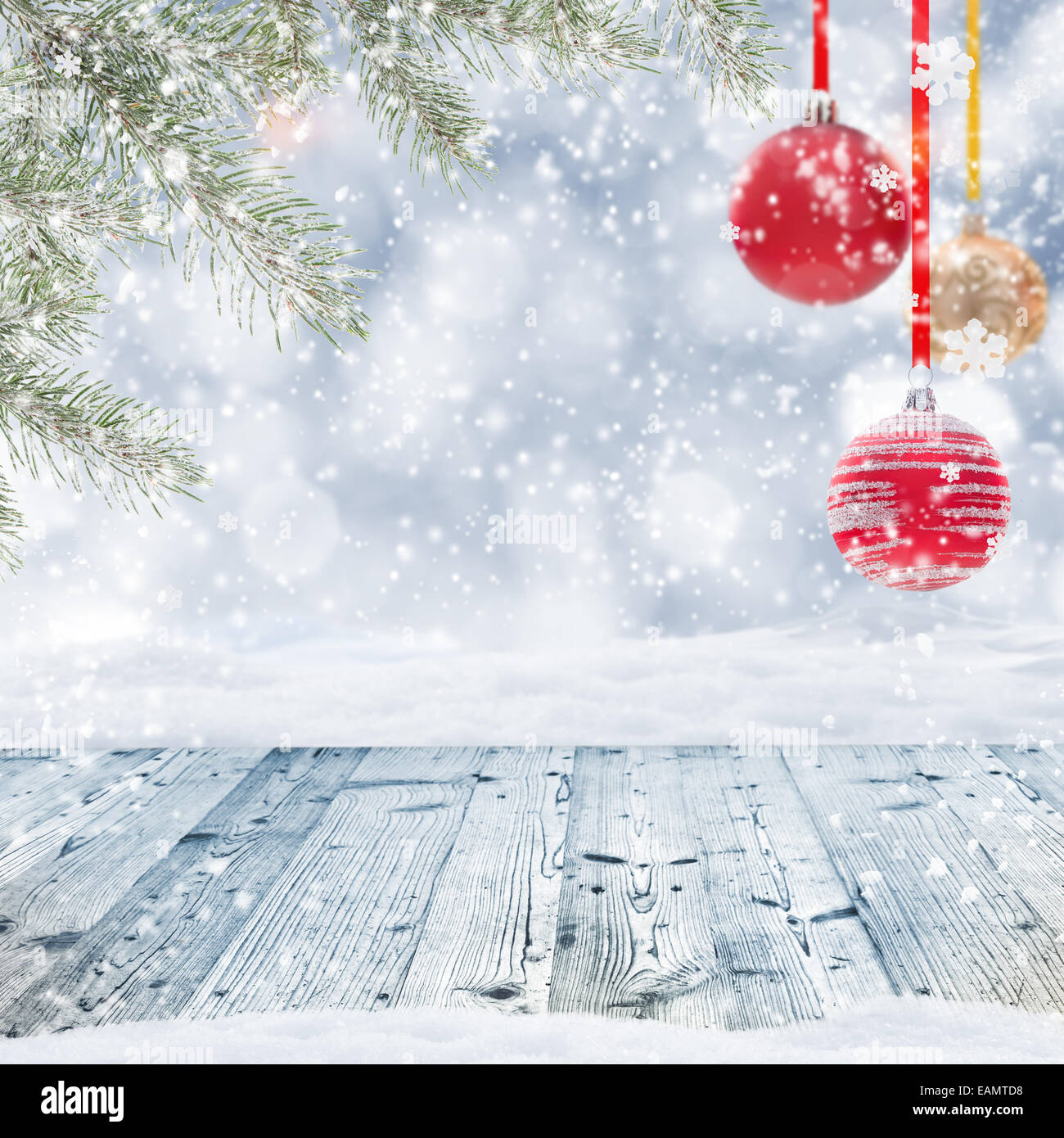 Winter background with wooden table Stock Photo - Alamy