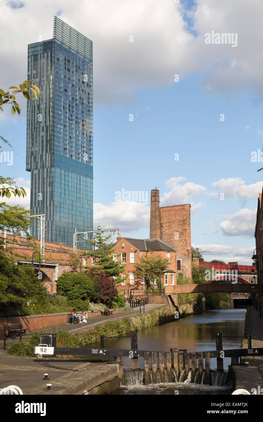 UK, Manchester, castlefields historic area and the modern Beetham tower ...