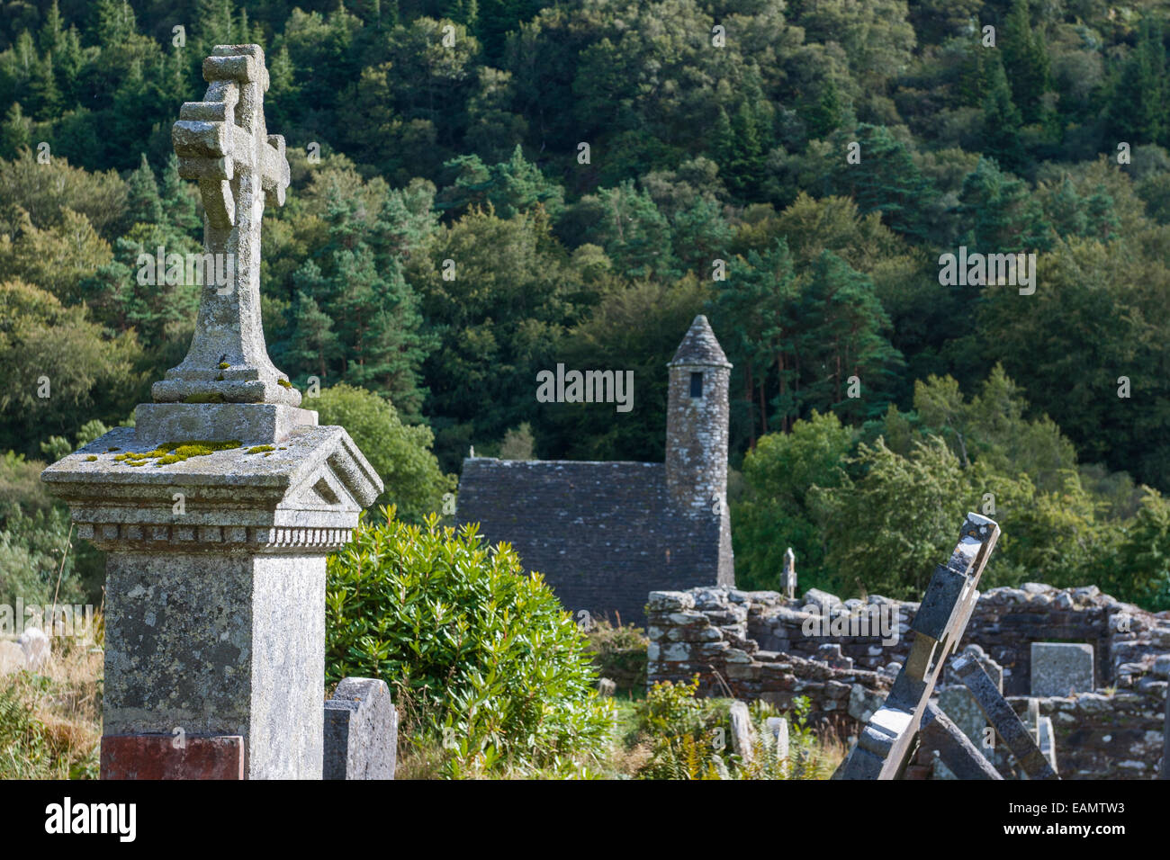 Cross on the tablet at Old Cemetery in Glendalough. Wicklow Mountains ...
