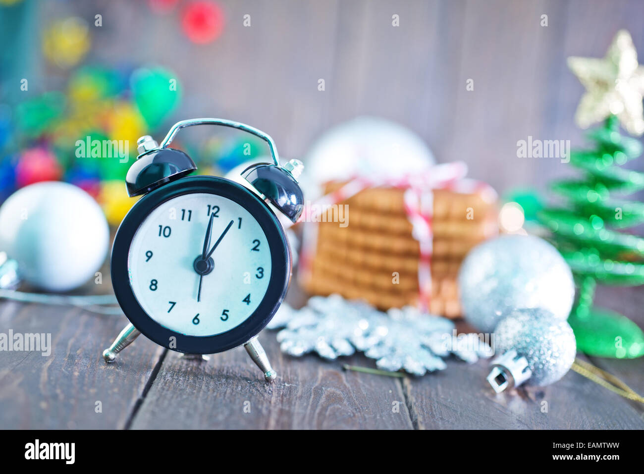 clock on the christmas background, clock on a table Stock Photo - Alamy