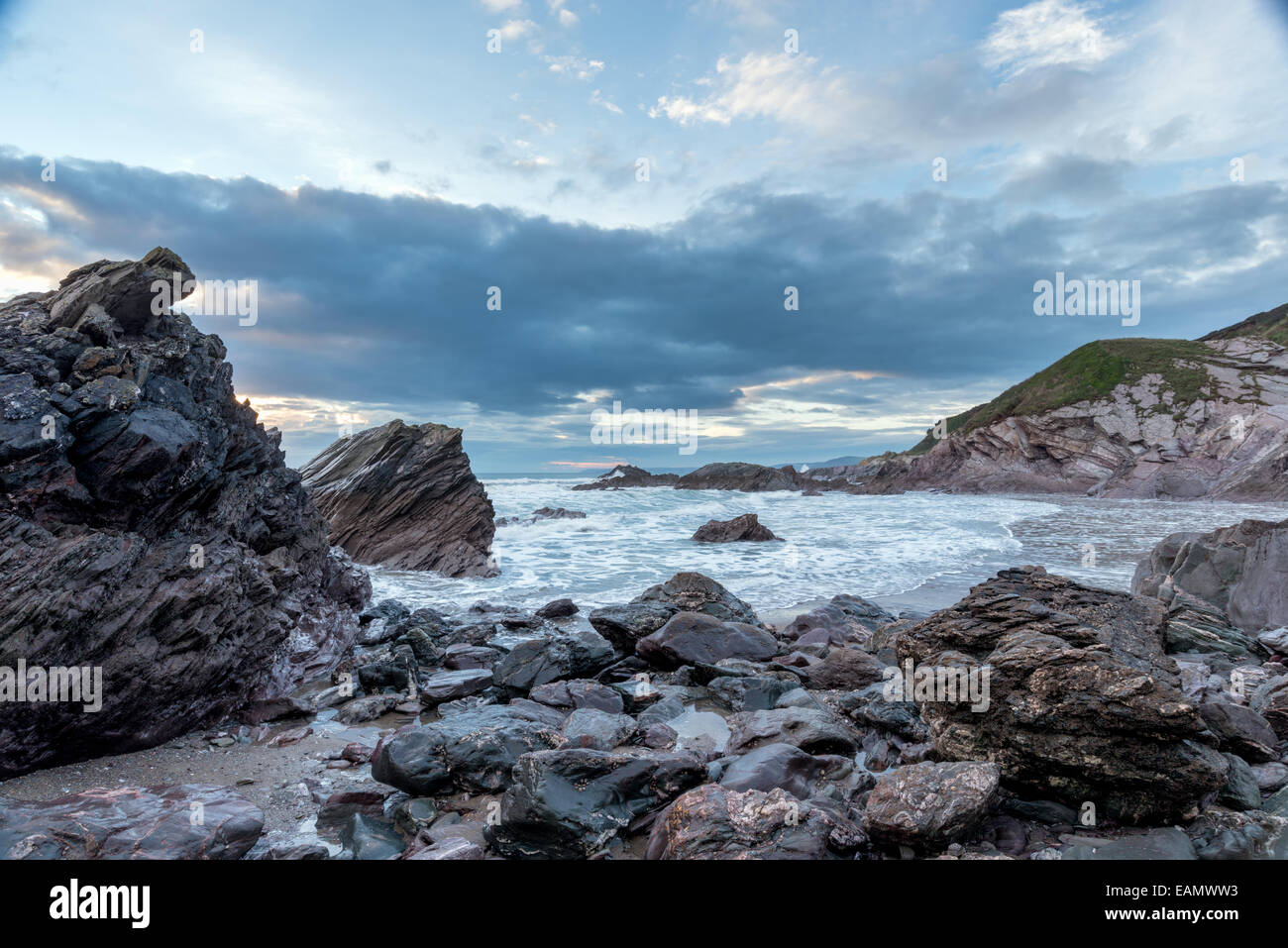 A stormy sunset at Sharrow Beach at Whitsand Bay in Cornwall Stock ...