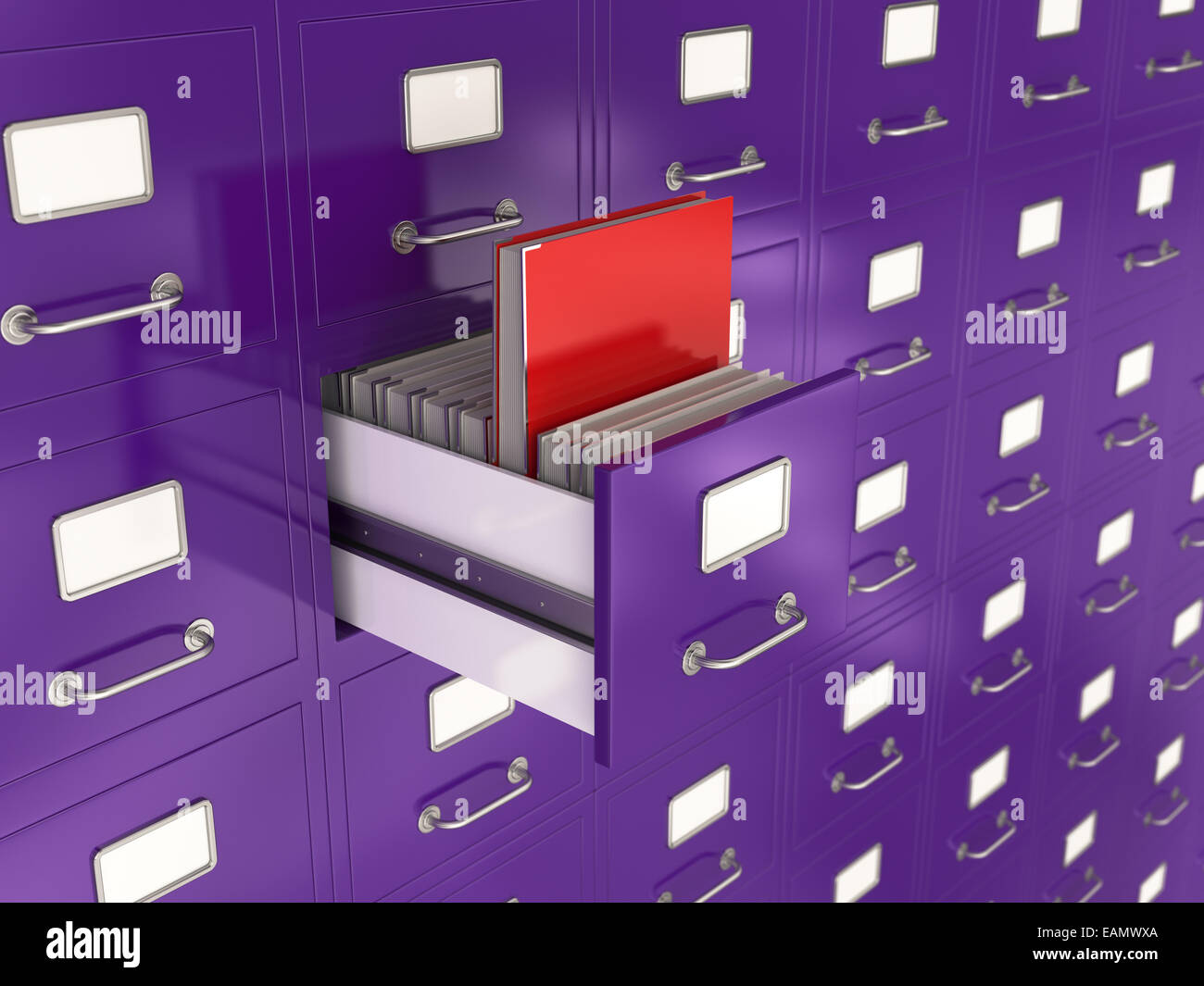 3d render of file drawer with red folder. Search concept Stock Photo ...