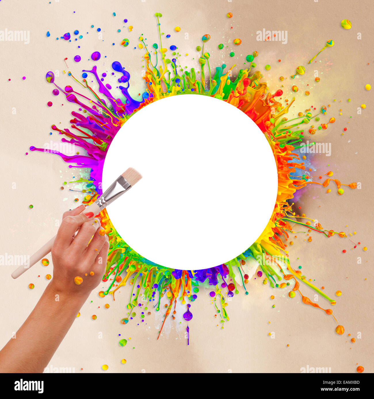 Concept of macro shots of colored paint splashes "dancing" on sound ...