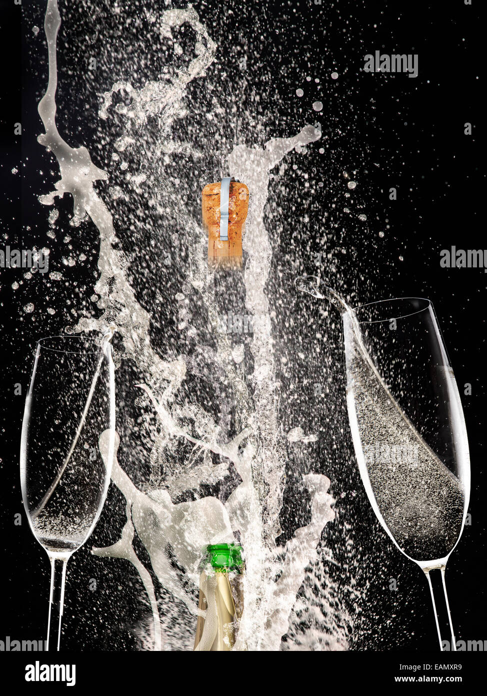 Champagne explosion on black background, celebration theme Stock Photo ...
