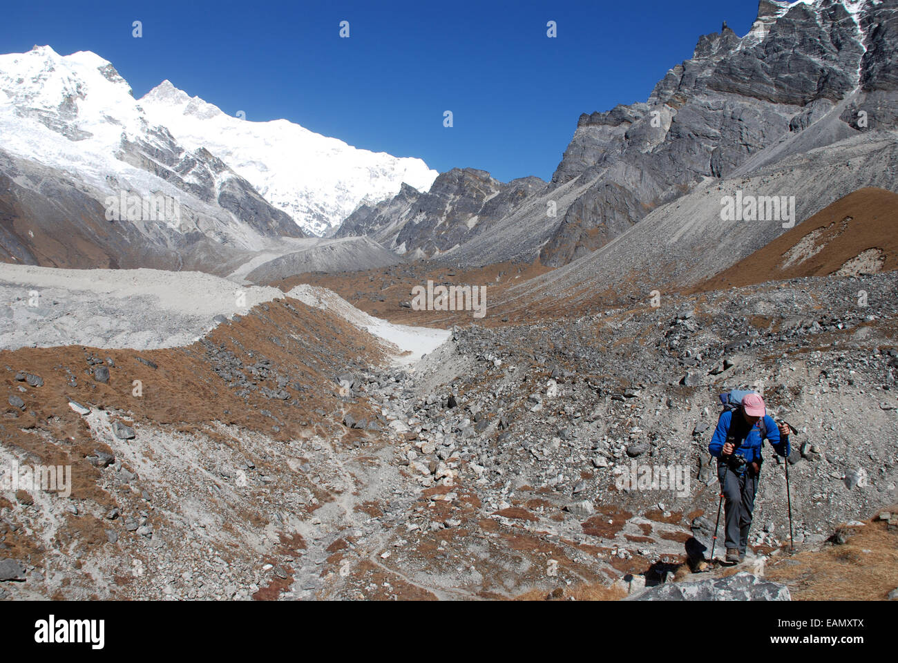A trekker on the moraine of the Oglathang Glacier close to Kangchenjunga in the Indian Himalayas ...