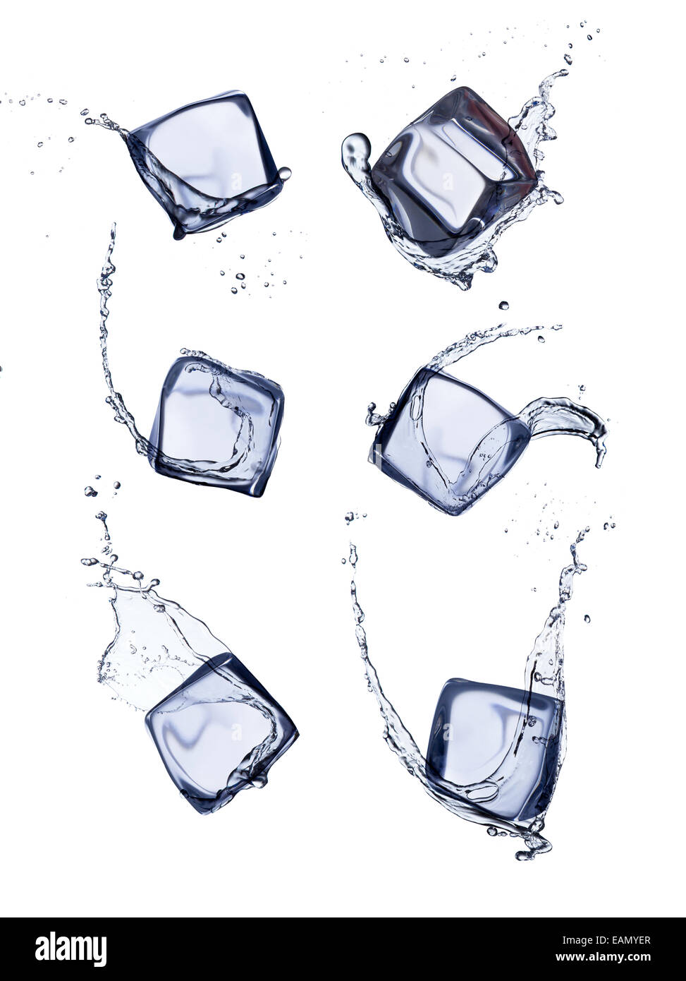 Collection of ice cubes with water splash, isolated on white background ...