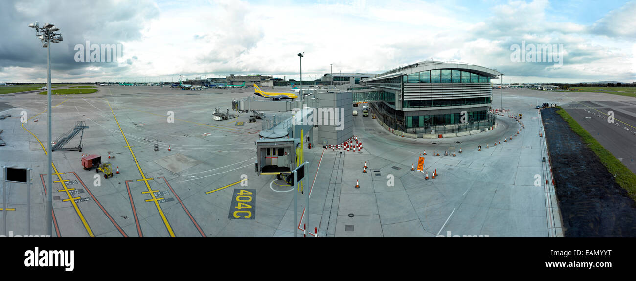 Elevated panoramic view of runway at Dublin Airport, Terminal 2 ...