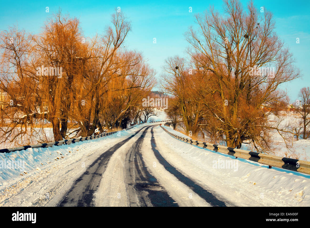 Winter snowy road with trees on the roadside Stock Photo - Alamy