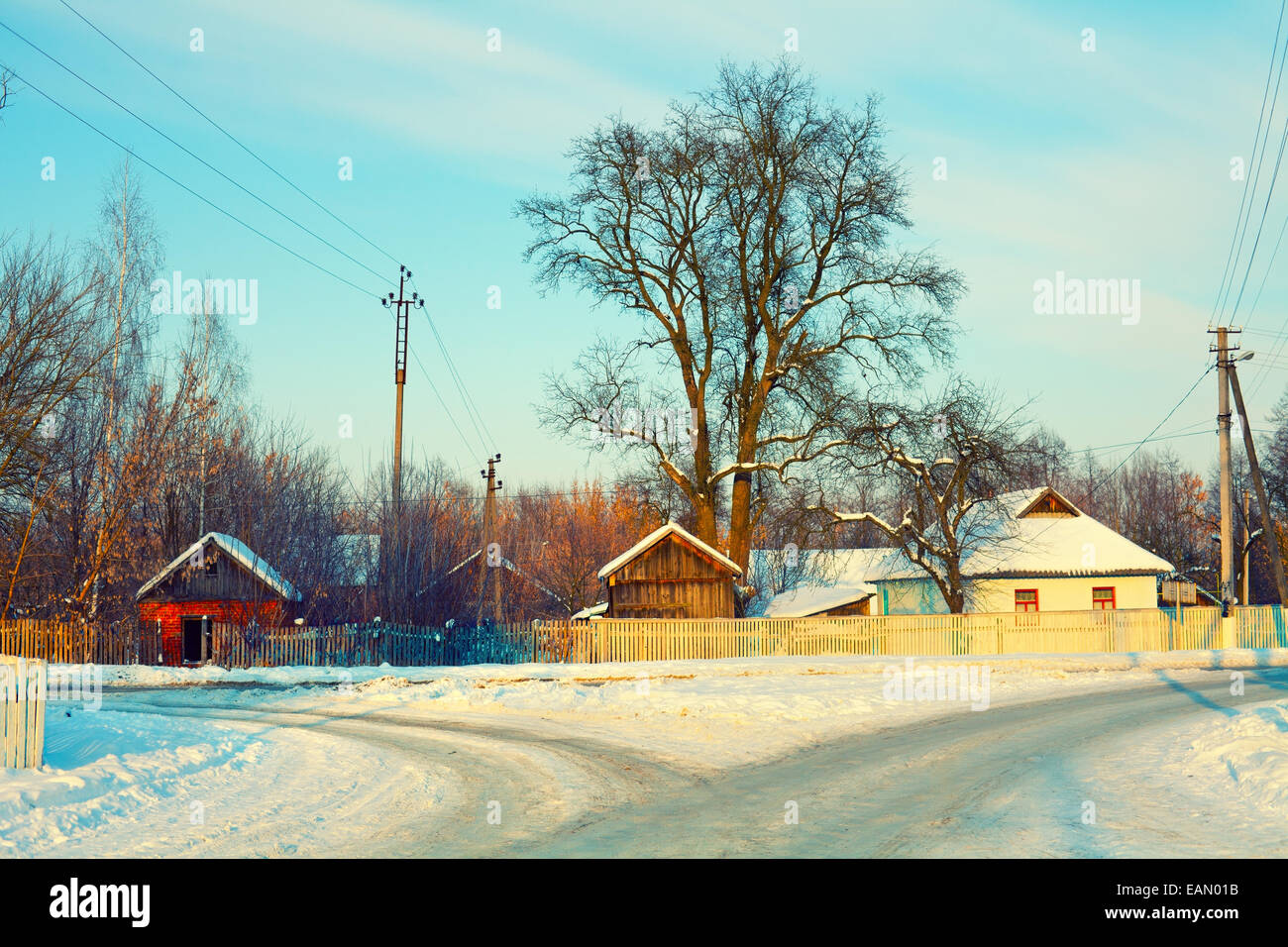 Winter rural landscape at sunset. Ukrainian village, Europe Stock Photo ...