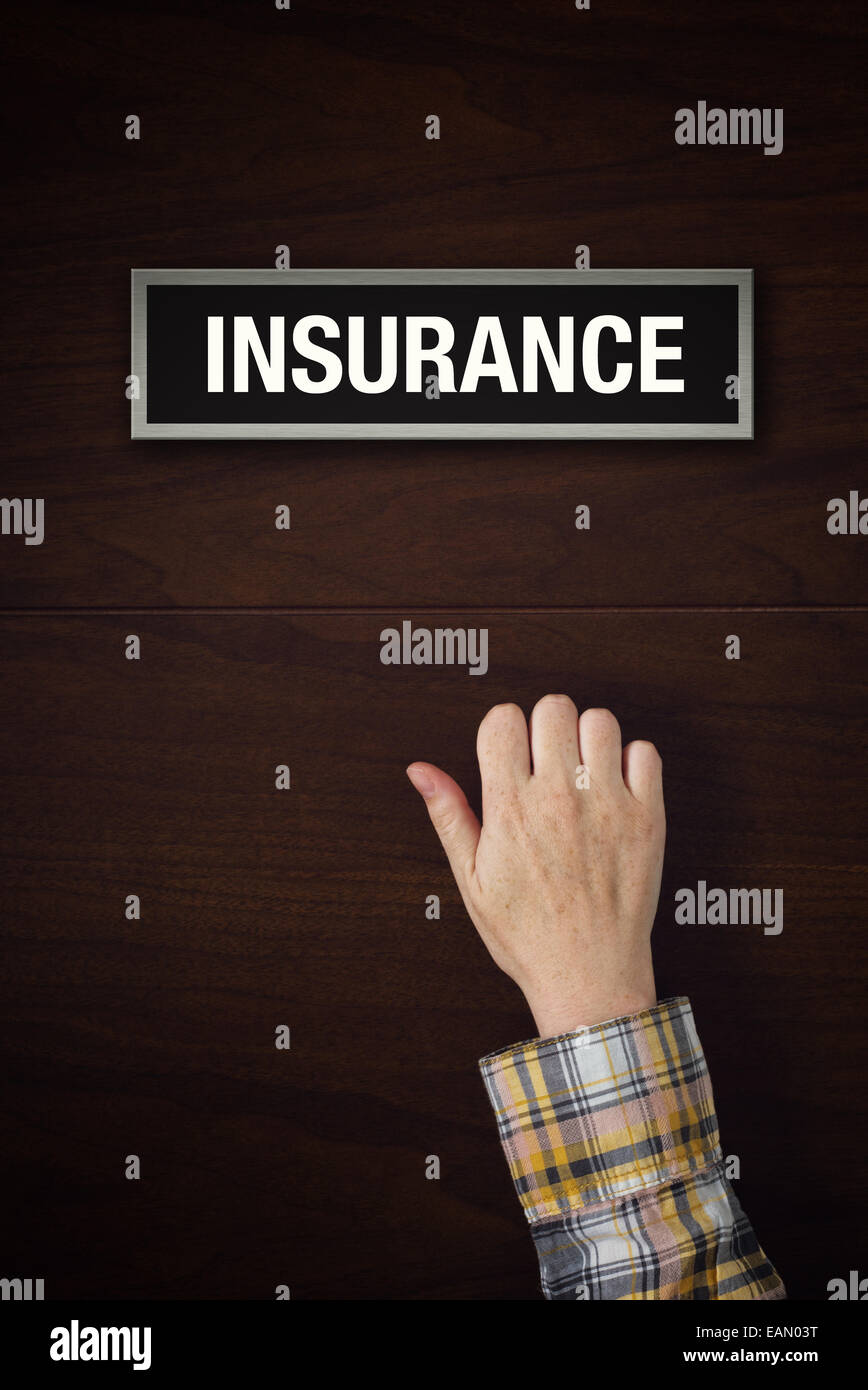 Female hand is knocking on Insurance door, conceptual image Stock Photo ...