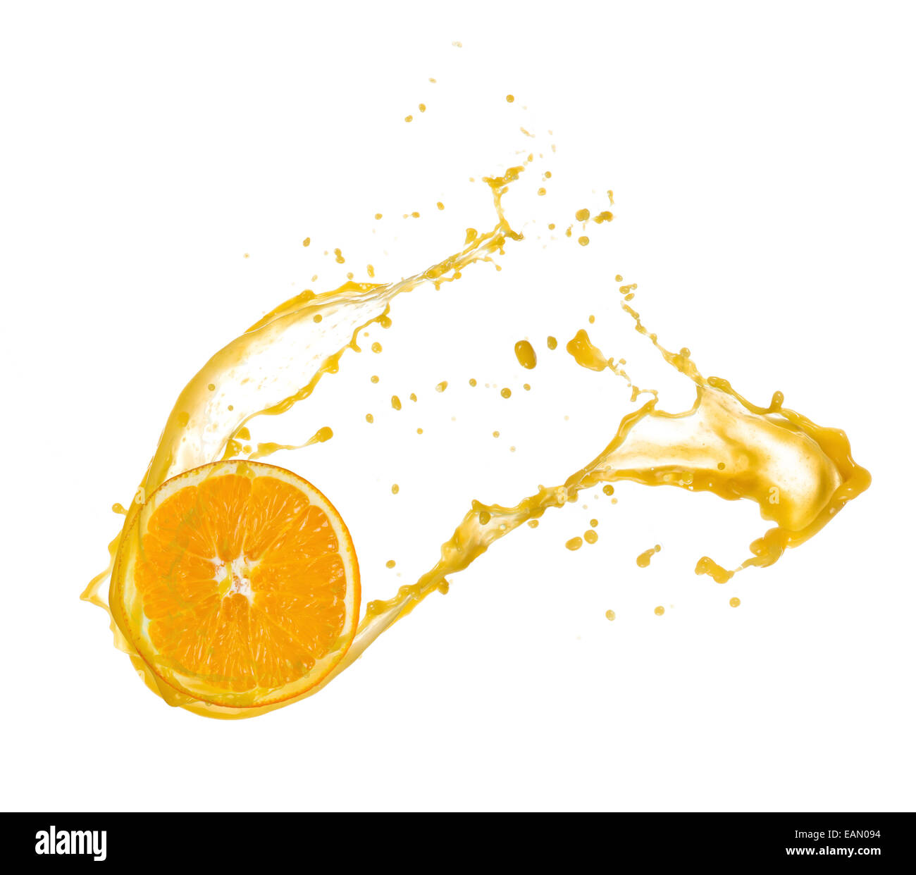 Orange slice in juice splash, isolated on white background Stock Photo ...