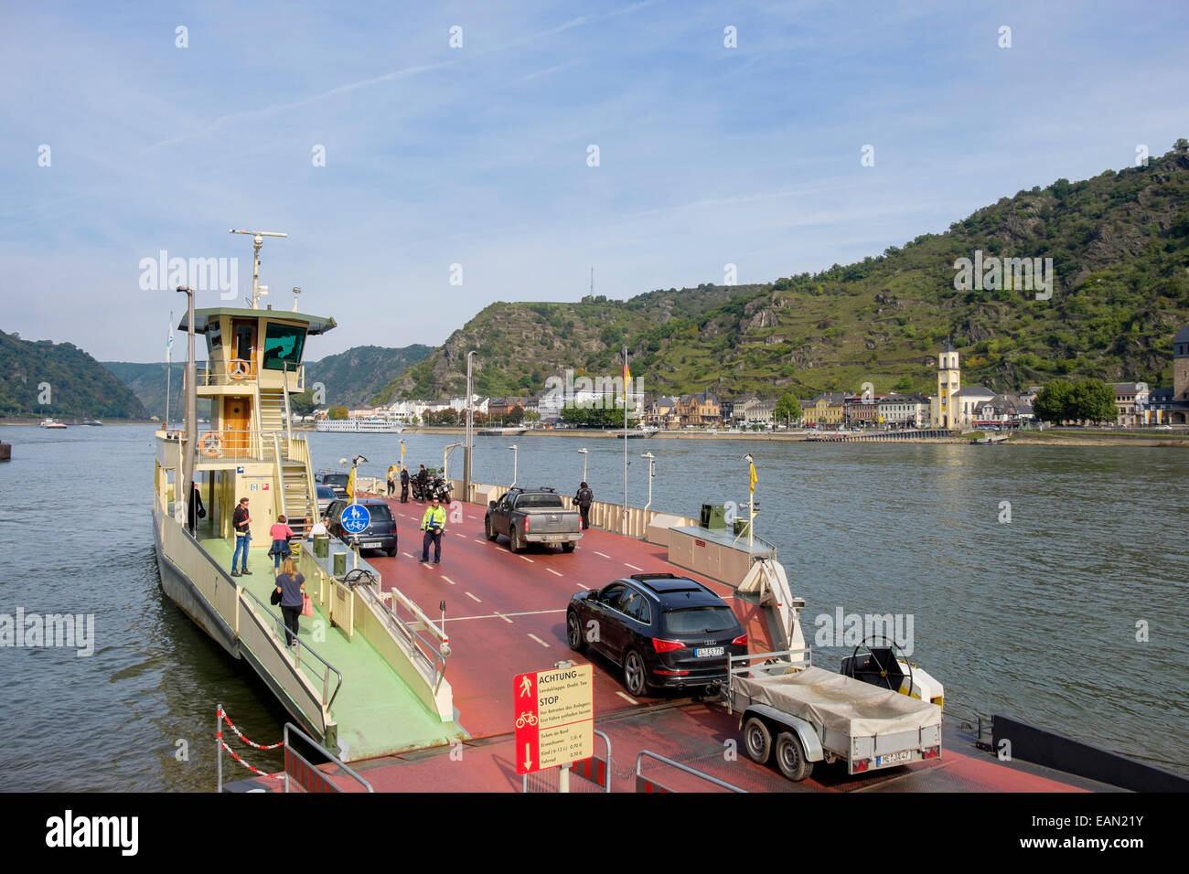 Loreley Ferry loading cars ready to sail across the Rhine river to ...