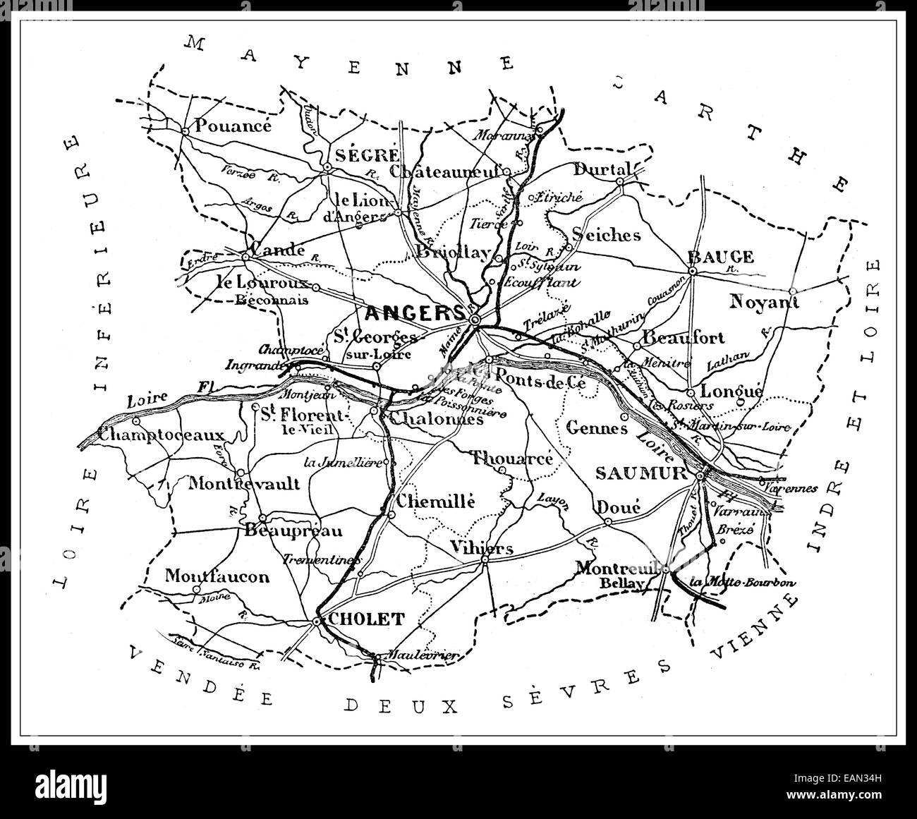 Map of the department of Maine-et-Loire, vintage engraved illustration ...