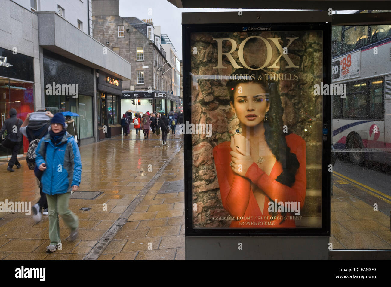 Bus shelter advertising ROX Diamonds in city centre on Princes Street ...