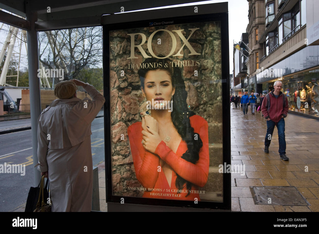 Bus shelter advertising ROX Diamonds in city centre on Princes Street ...