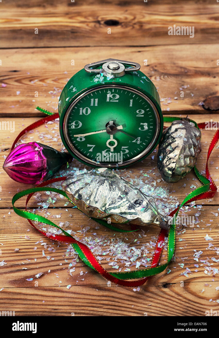 postcard with green old-fashioned clock and Christmas ornaments Stock ...