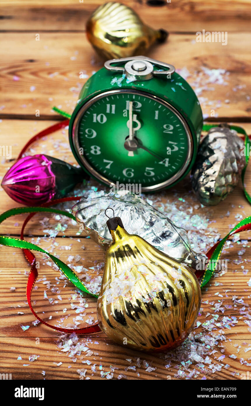 postcard with green old-fashioned clock and Christmas ornaments Stock ...
