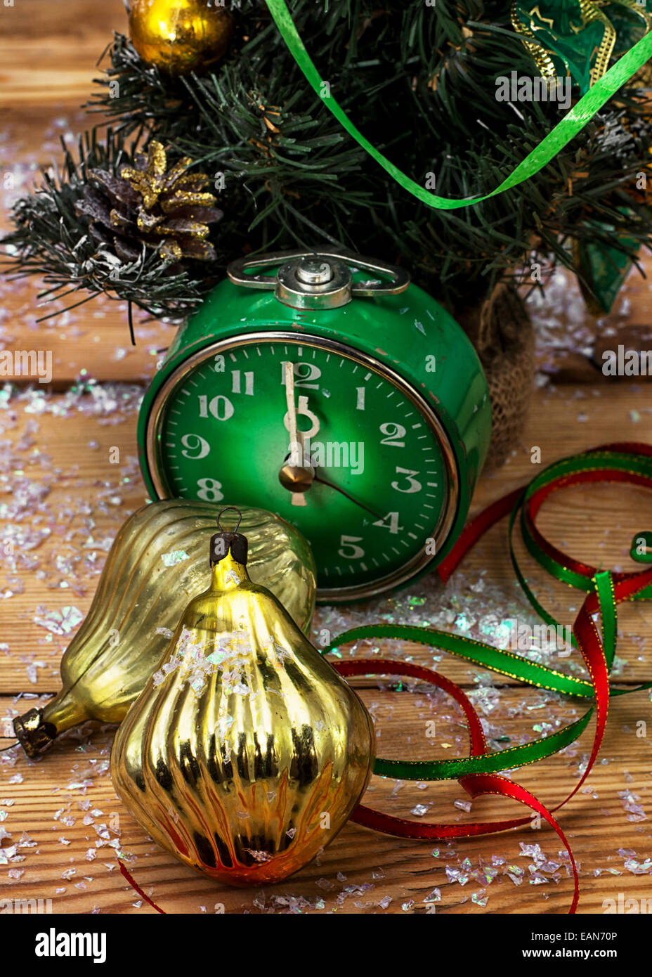 postcard with green old-fashioned clock and Christmas ornaments Stock ...