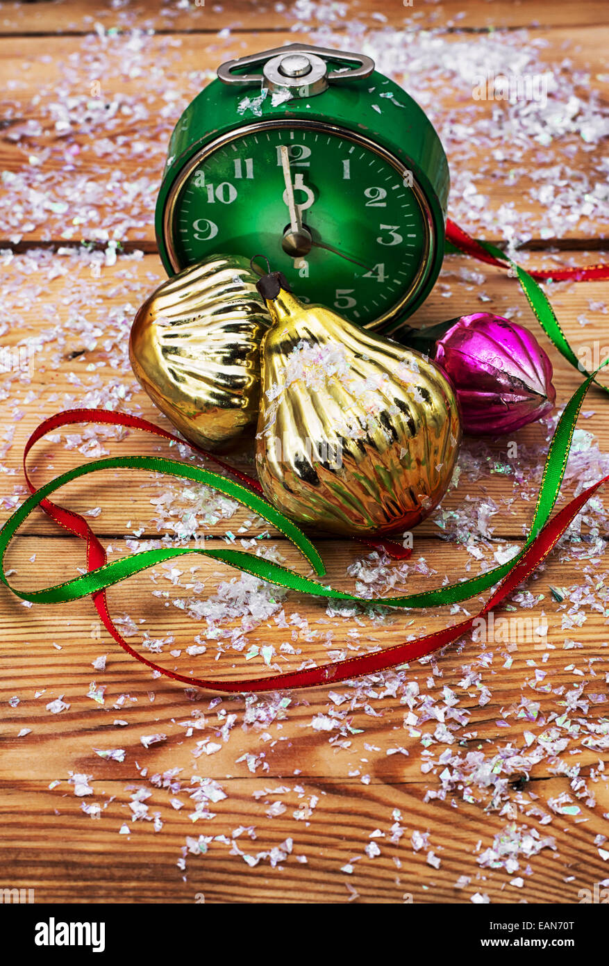 postcard with green old-fashioned clock and Christmas ornaments Stock ...