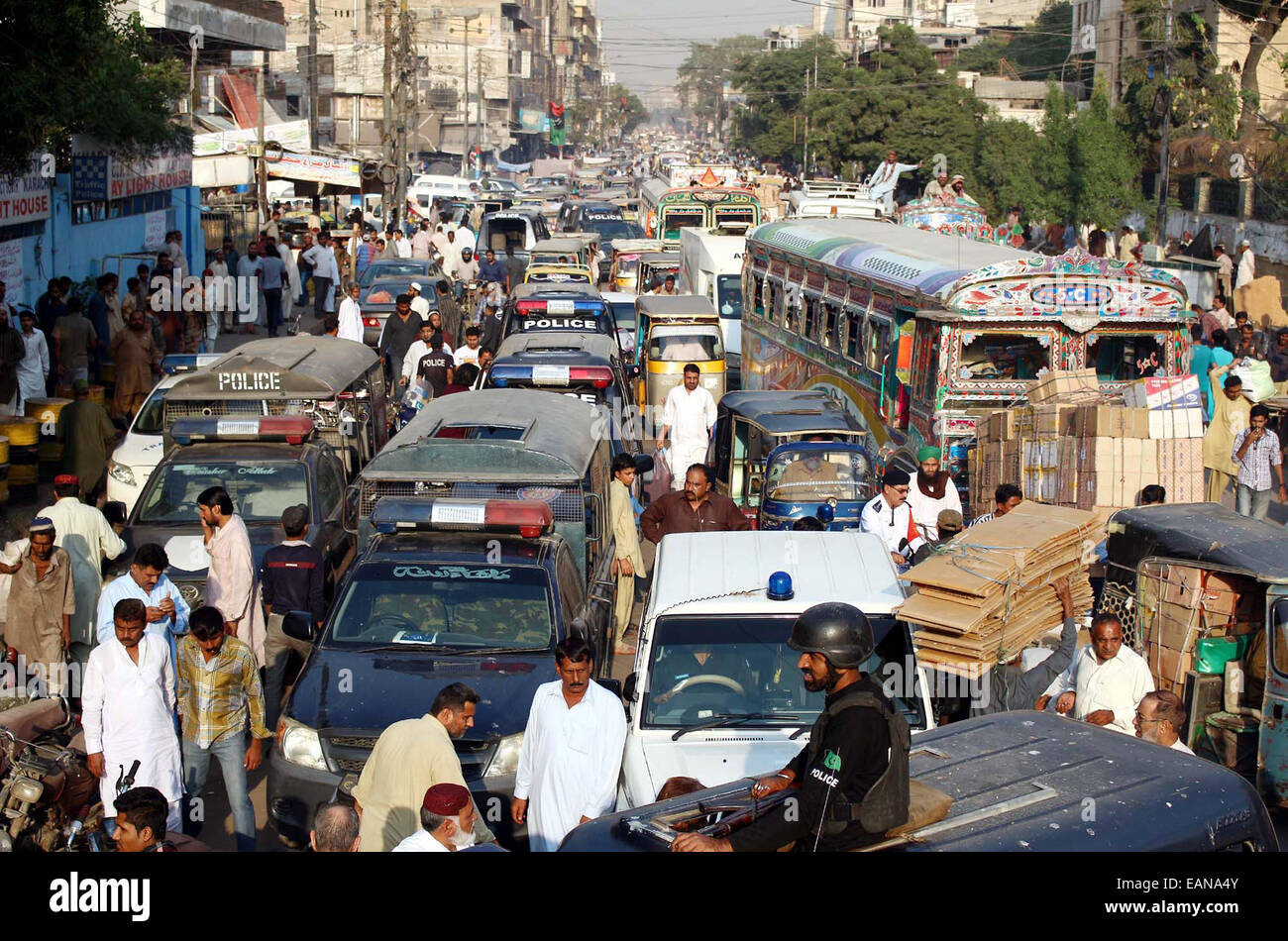 Karachi, Pakistan. 18th Nov, 2014. A large number of vehicles stuck in ...