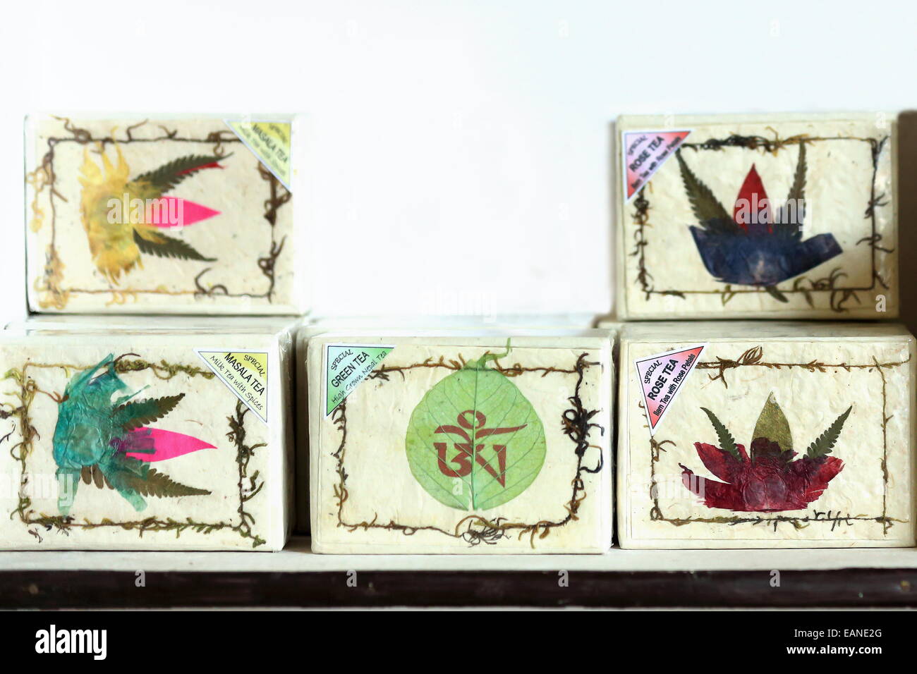 Nepali style decorated flavored tea boxes. Stall on the sidewalk ...