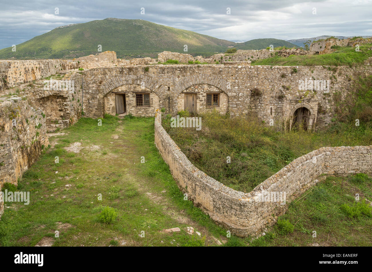 A view over the ruins of the fortress of Santa Maura in Lefkada, Greece ...