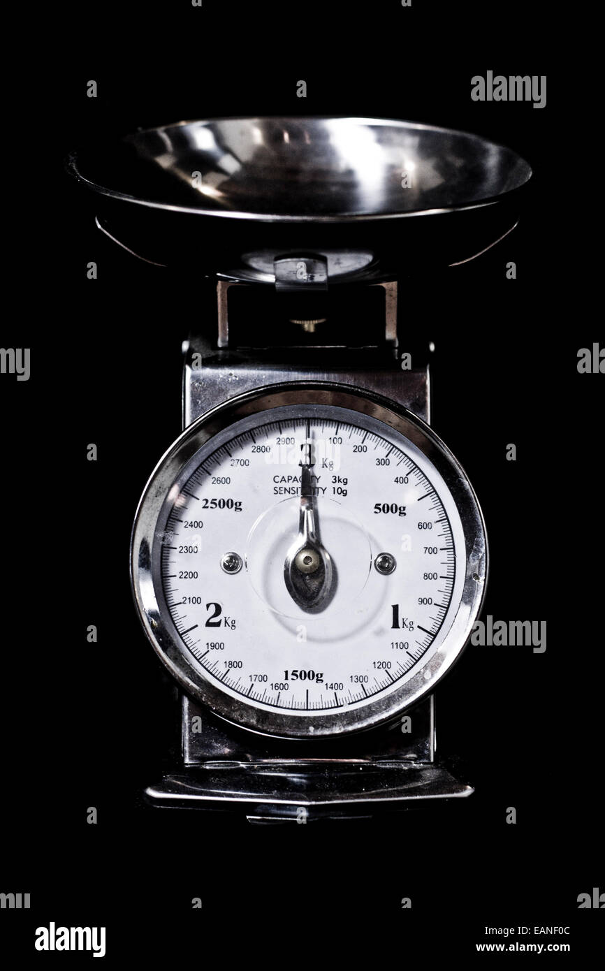 Metallic kitchen weighing scale isolated on black background Stock ...