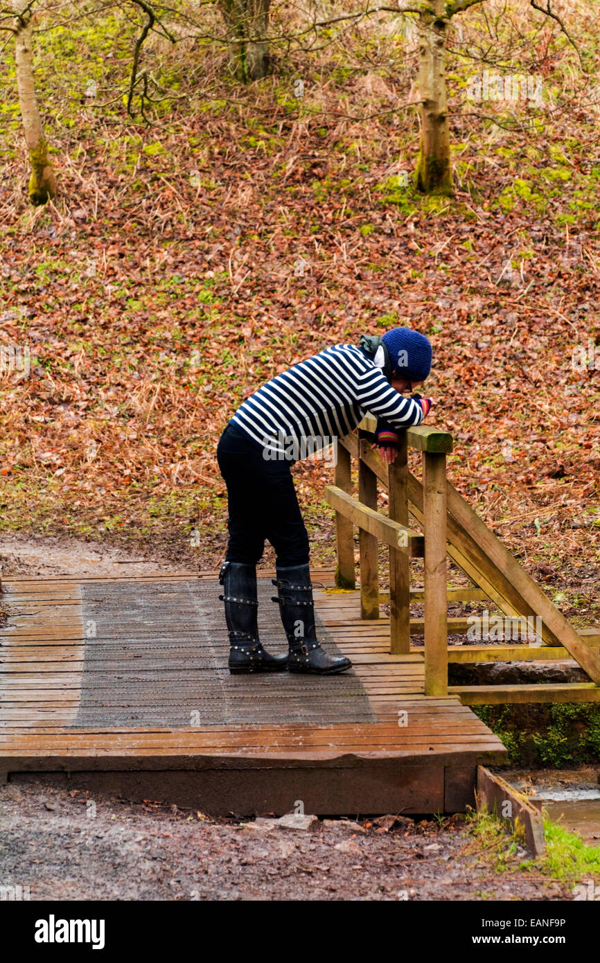 A girl in wellies looking over a bridge in a woodland in winter Stock ...