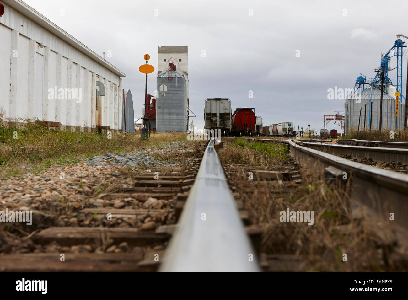 railway line approaching grain loading railway yard Saskatchewan Canada ...