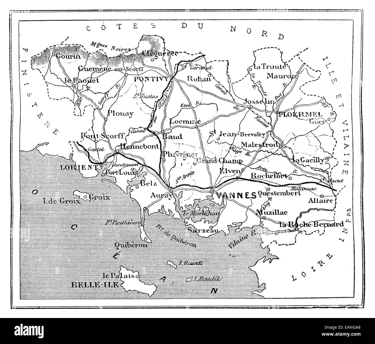 Map of the department of Morbihan, vintage engraved illustration ...