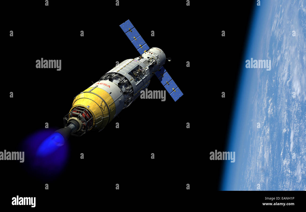 A manned orbital maintenance platform (OMP) docked with a manned ...