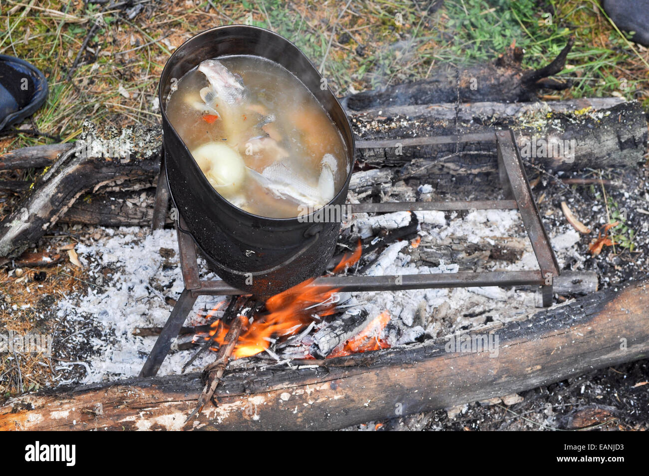 Pot on a stand standing over the fire. Preparing fish soup on the fire ...