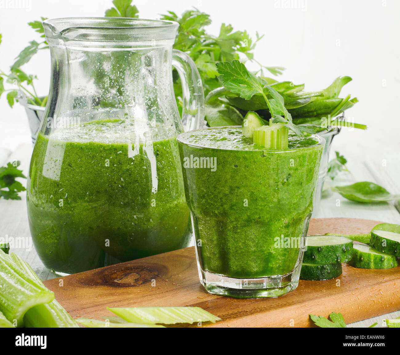 Jug and glass of Healthy green smoothie . Selective focus Stock Photo ...