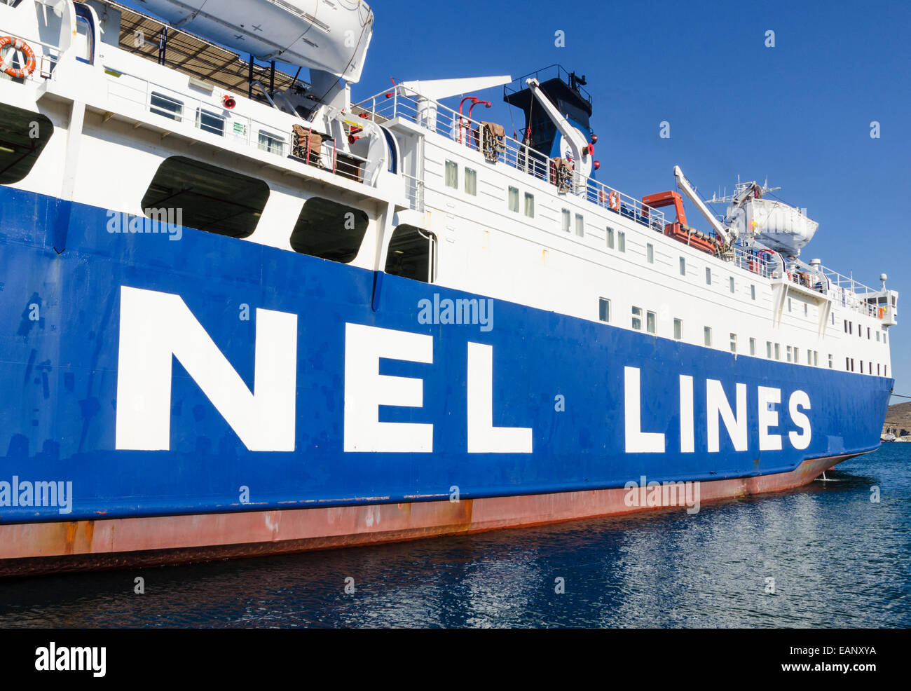 Detail of NEL Lines ferry in the Greek port of Ermoupolis, Syros Island ...