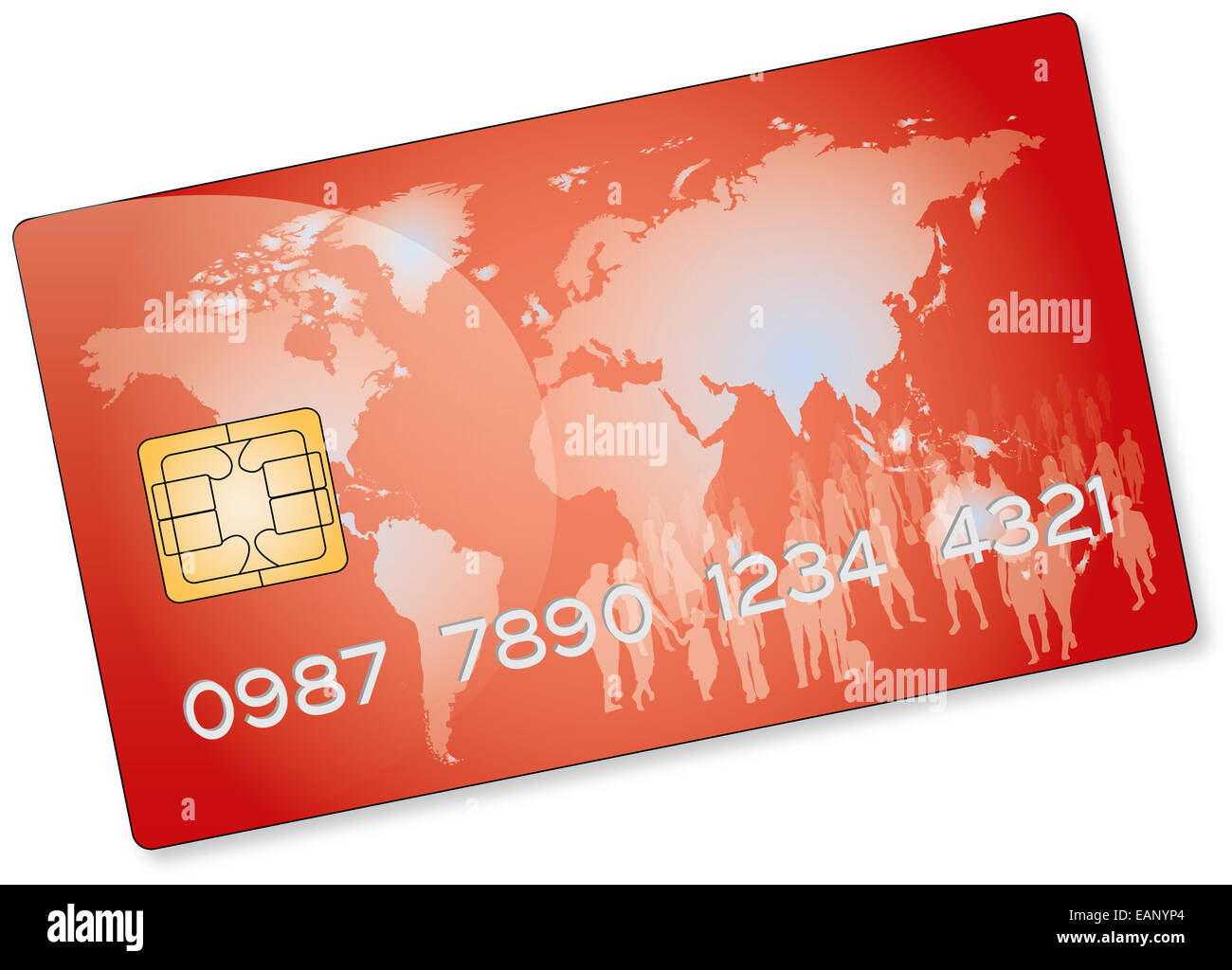 drawing of a red credit card with a crowd of people on a world map ...