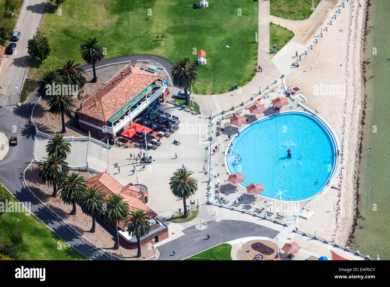 Aerial view of the Eastern Beach Bathing Complex in Geelong Stock Photo ...