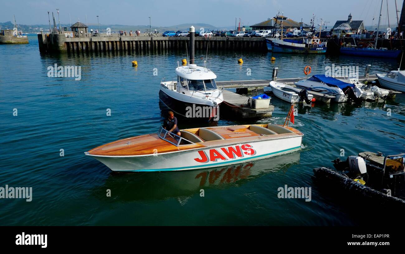 A speedboat named Jaws leaving Padstow harbour,Cornwall,England uk ...